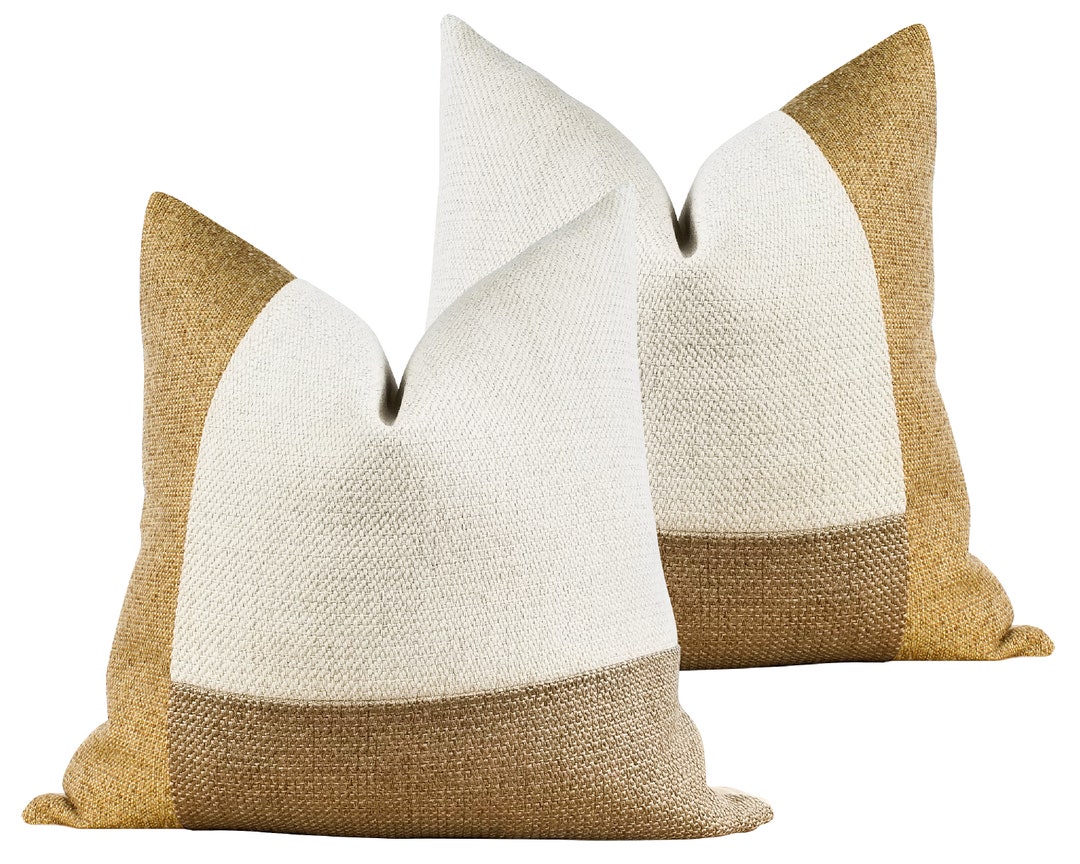 SET of 2 | Mustard Yellow Colorblock Pillow Covers | White & Beige ...