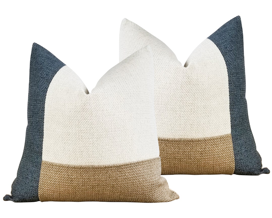 SET of 2 | Blue Coastal Décor Pillow Covers | Navy Blue, White & Beige ...