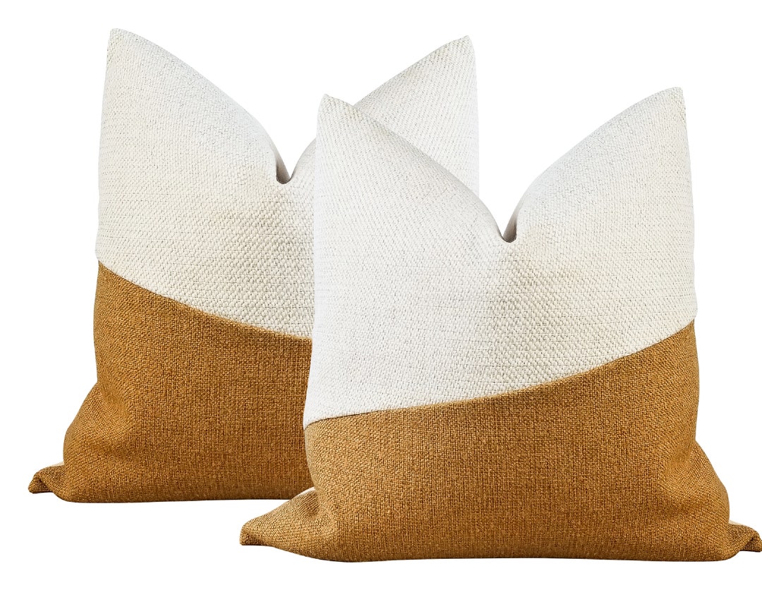 SET of 2 | Mustard Yellow Colorblock Pillow Covers | White & Yellow ...