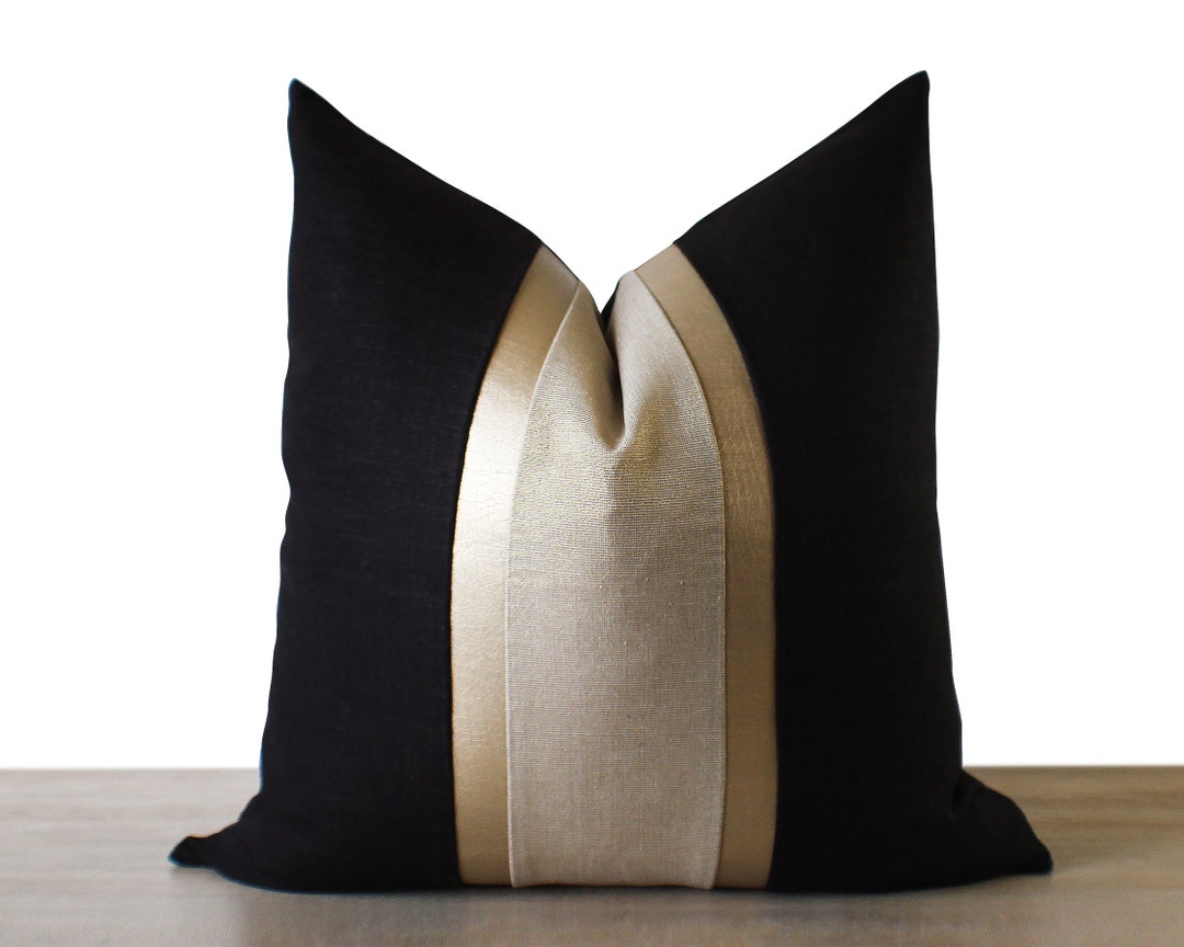 Black & Gold Pillow Cover | Black Linen With Gold Linen and Faux ...