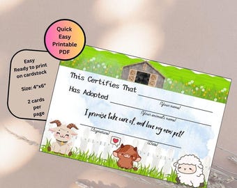 Farm Animal Adoption Certificate - Etsy