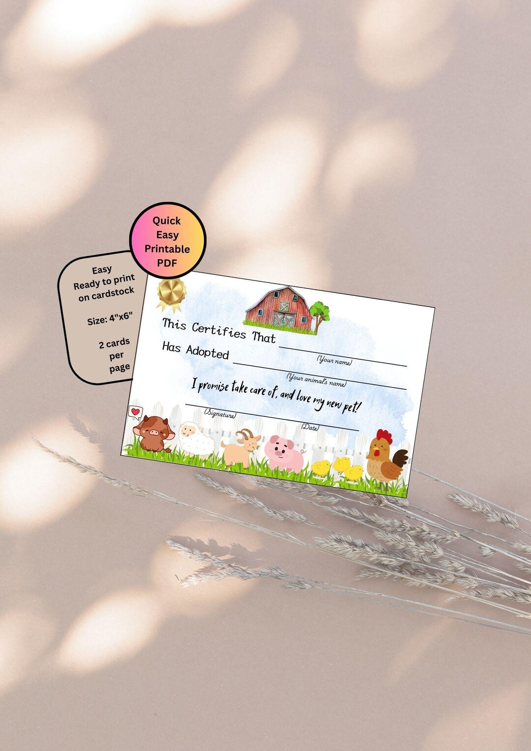 Printable Farm Animal Adoption Certificate: Toddler Birthday Party ...