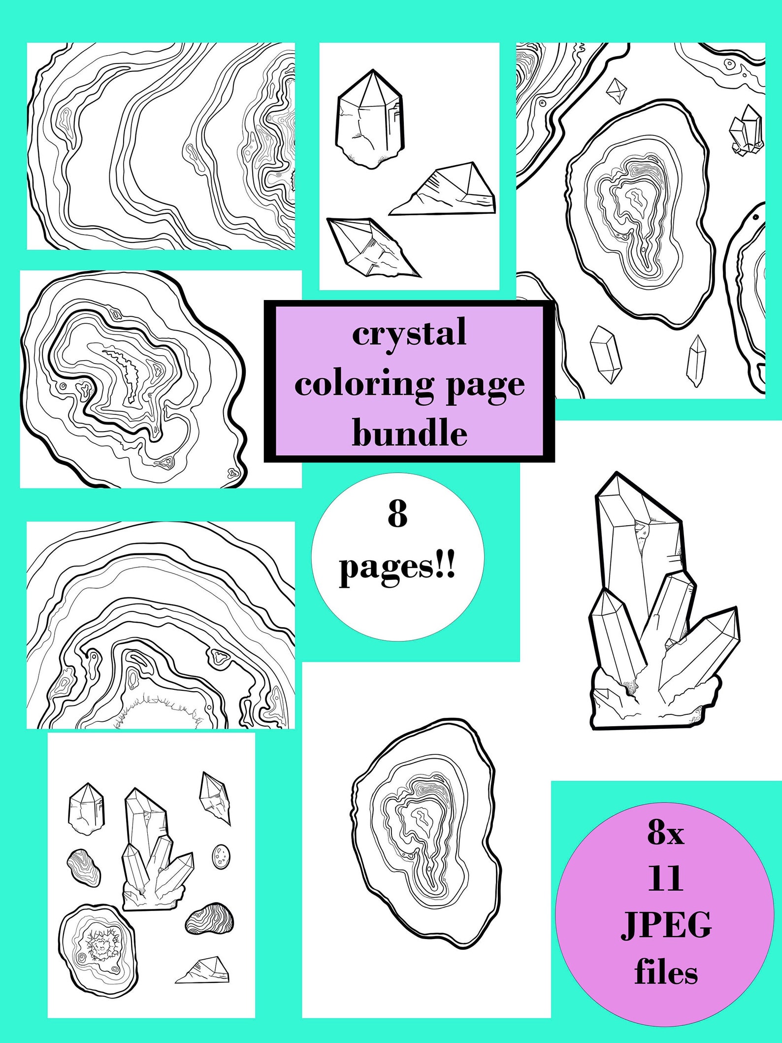 Crystal Coloring Page Bundle: Agate, Geode, Quartz (digital Download ...