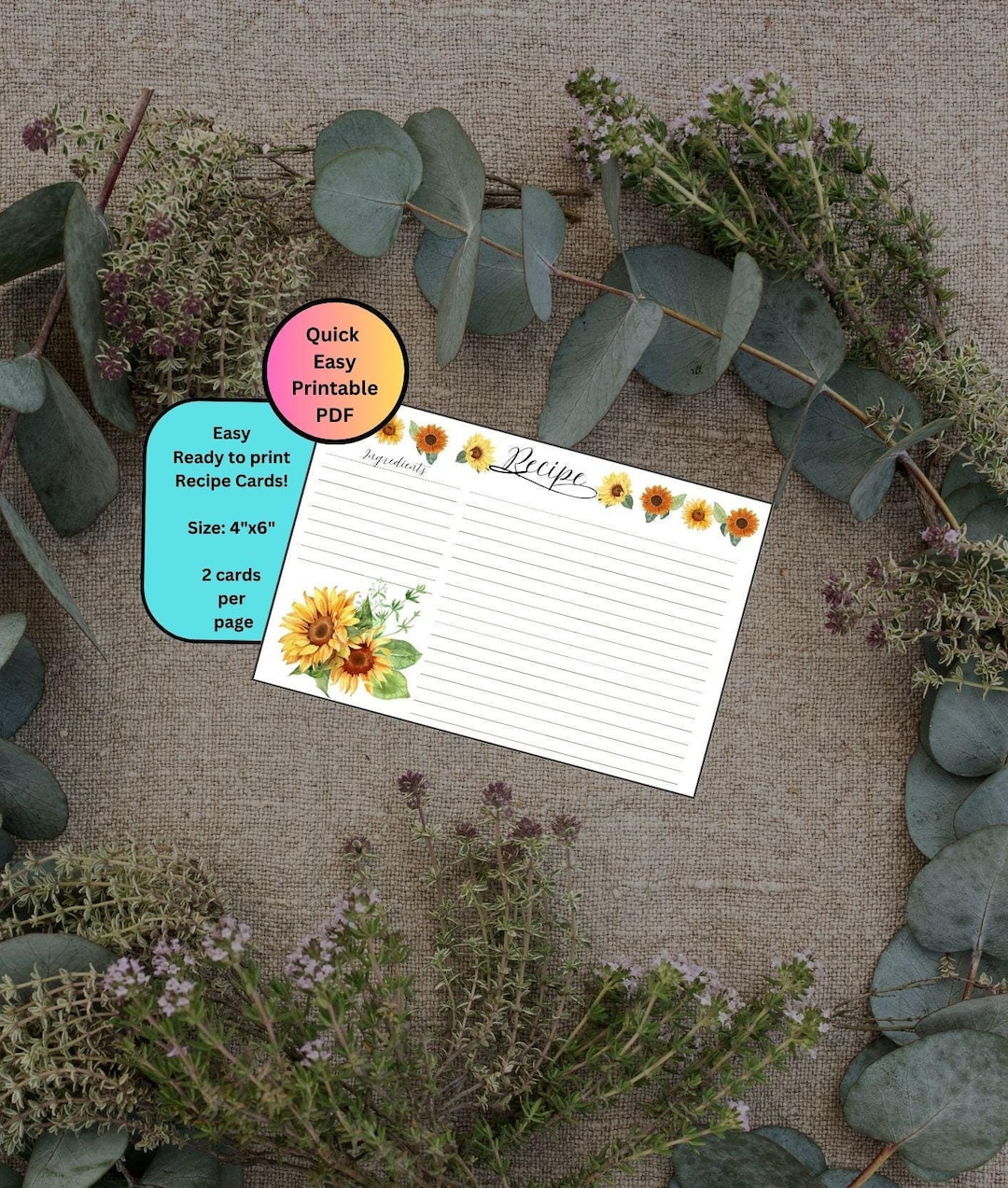 Printable Sunflower Recipe Cards for the Bride, 4x6 Recipe Card for ...