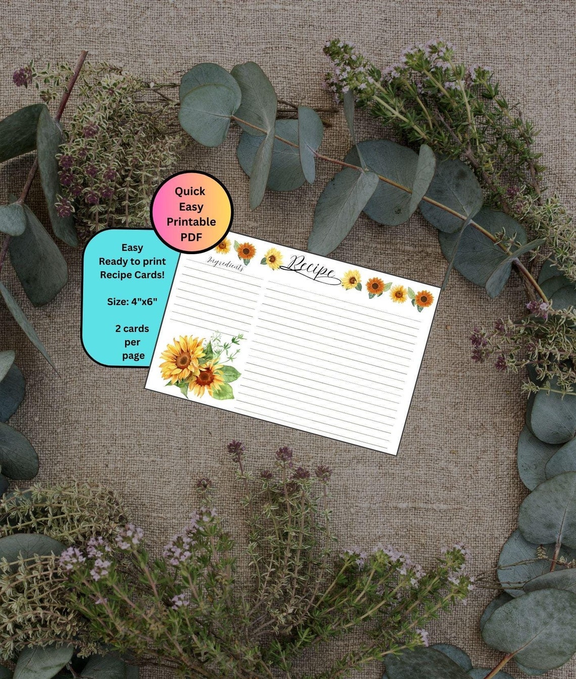 Printable Sunflower Recipe Cards: Bridal Shower Kitchen Decor (PDF) - Etsy