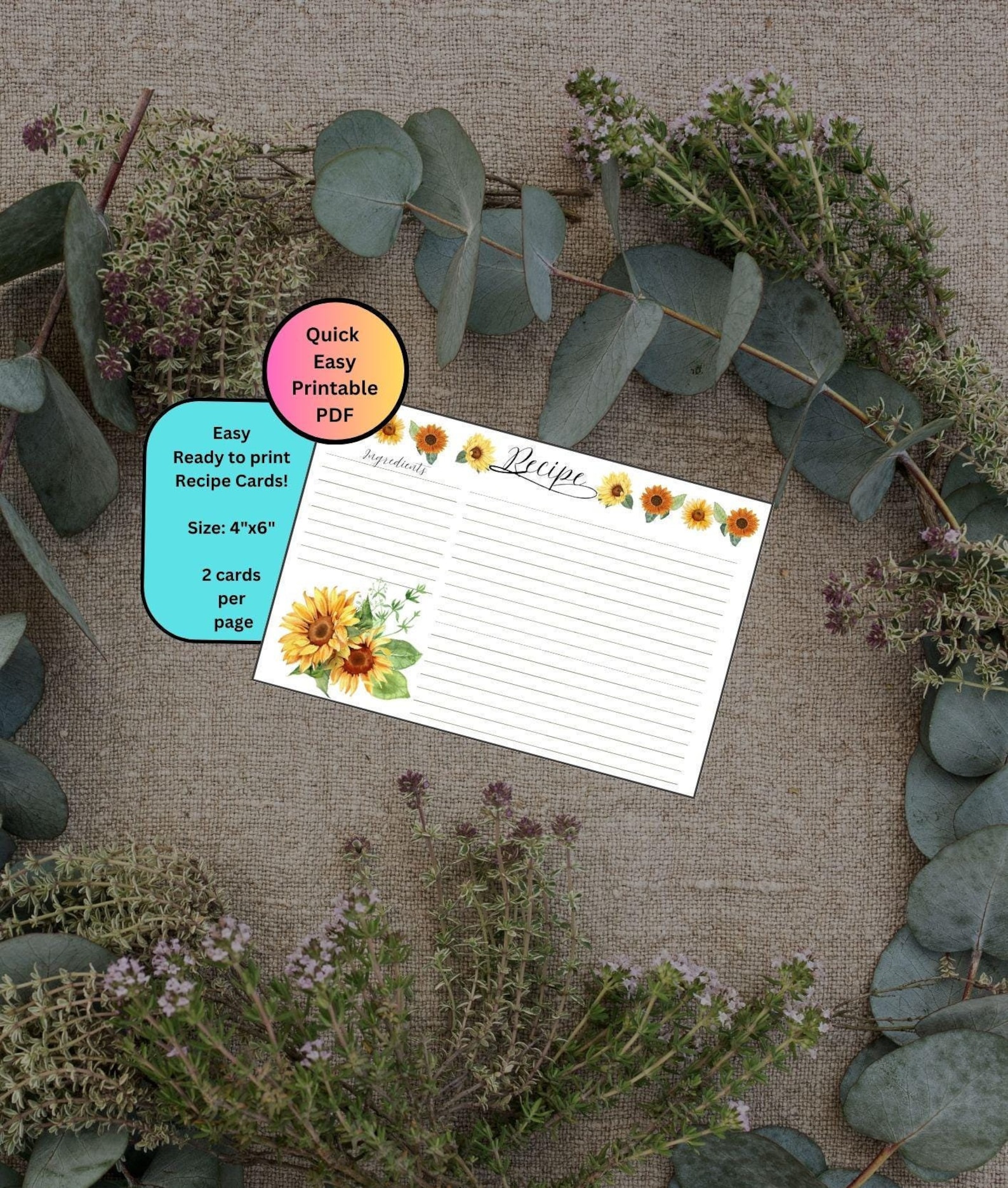Printable Sunflower Recipe Cards: Bridal Shower Kitchen Decor (PDF) - Etsy