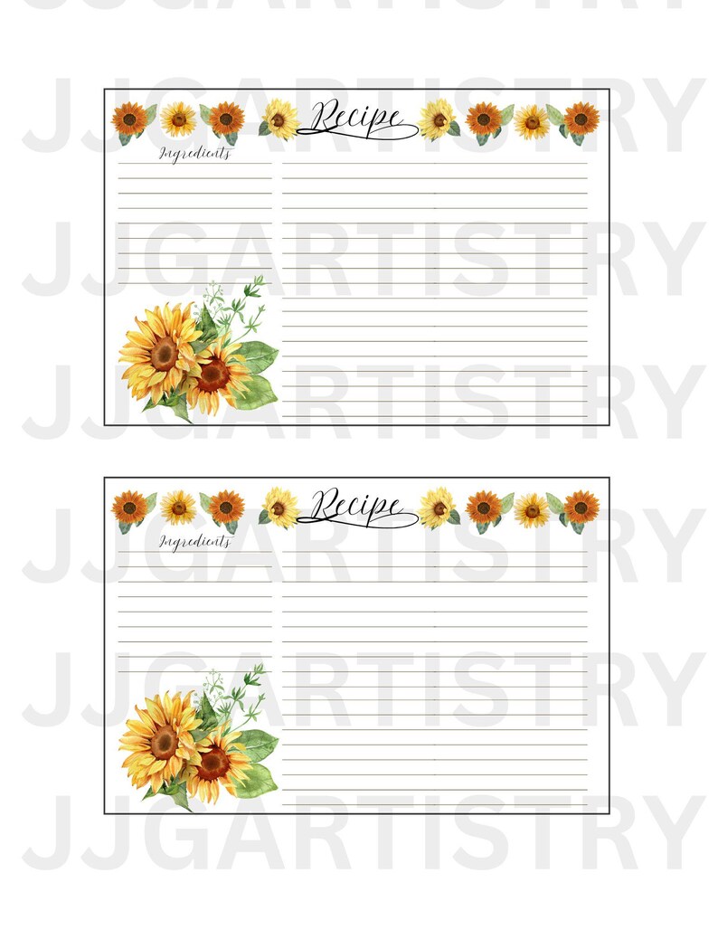 Printable Sunflower Recipe Cards: Bridal Shower Kitchen Decor (PDF) - Etsy
