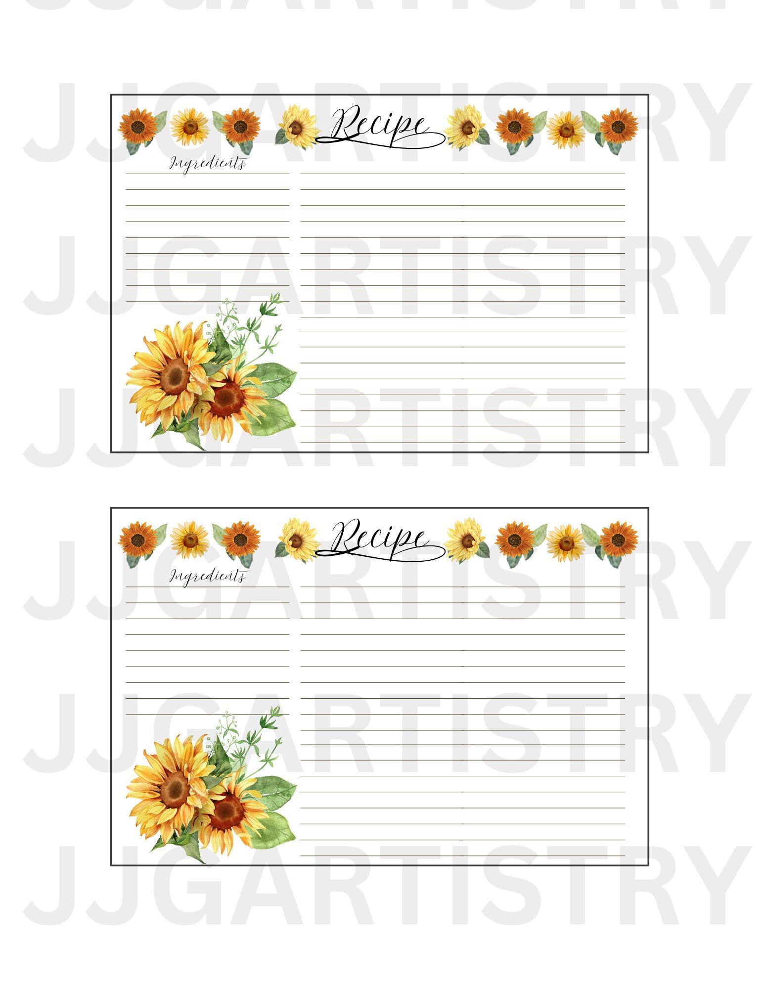 Printable Sunflower Recipe Cards: Bridal Shower Kitchen Decor (PDF) - Etsy