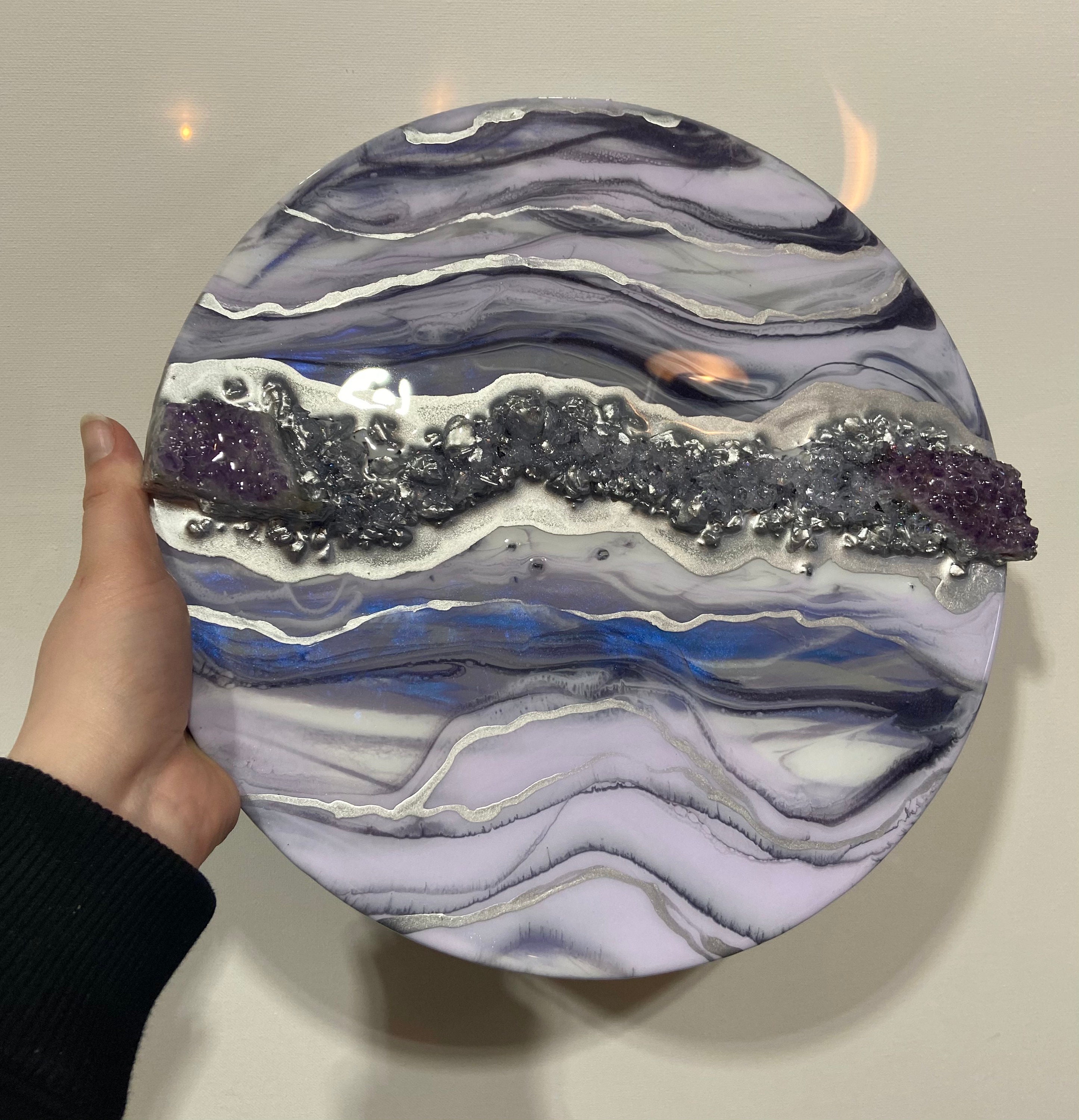 Resin made geode art with crystals on hand cut and carved wood board ...
