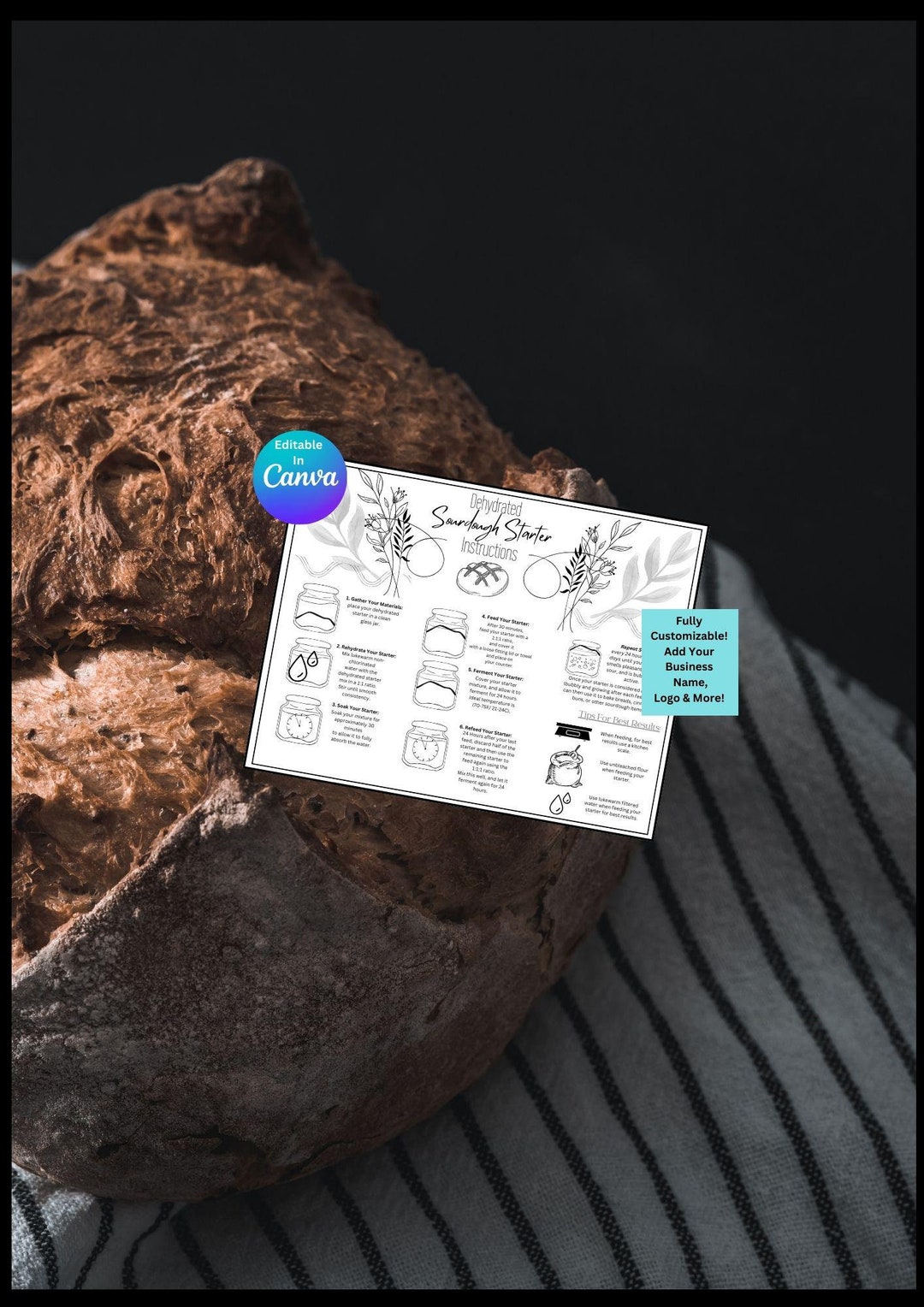 Editable Dehydrated Sourdough Starter Instructions Card (canva Template ...