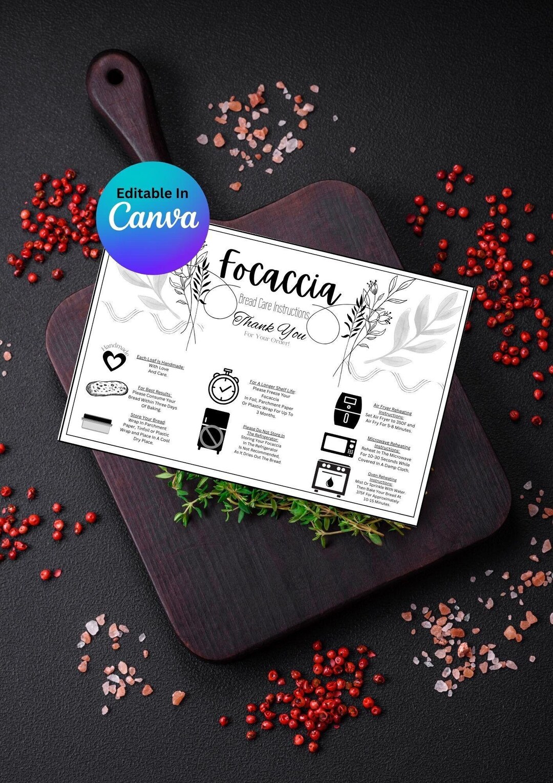 EDITABLE Focaccia Bread Care Card, Focaccia Care Sticker, Bread Info ...