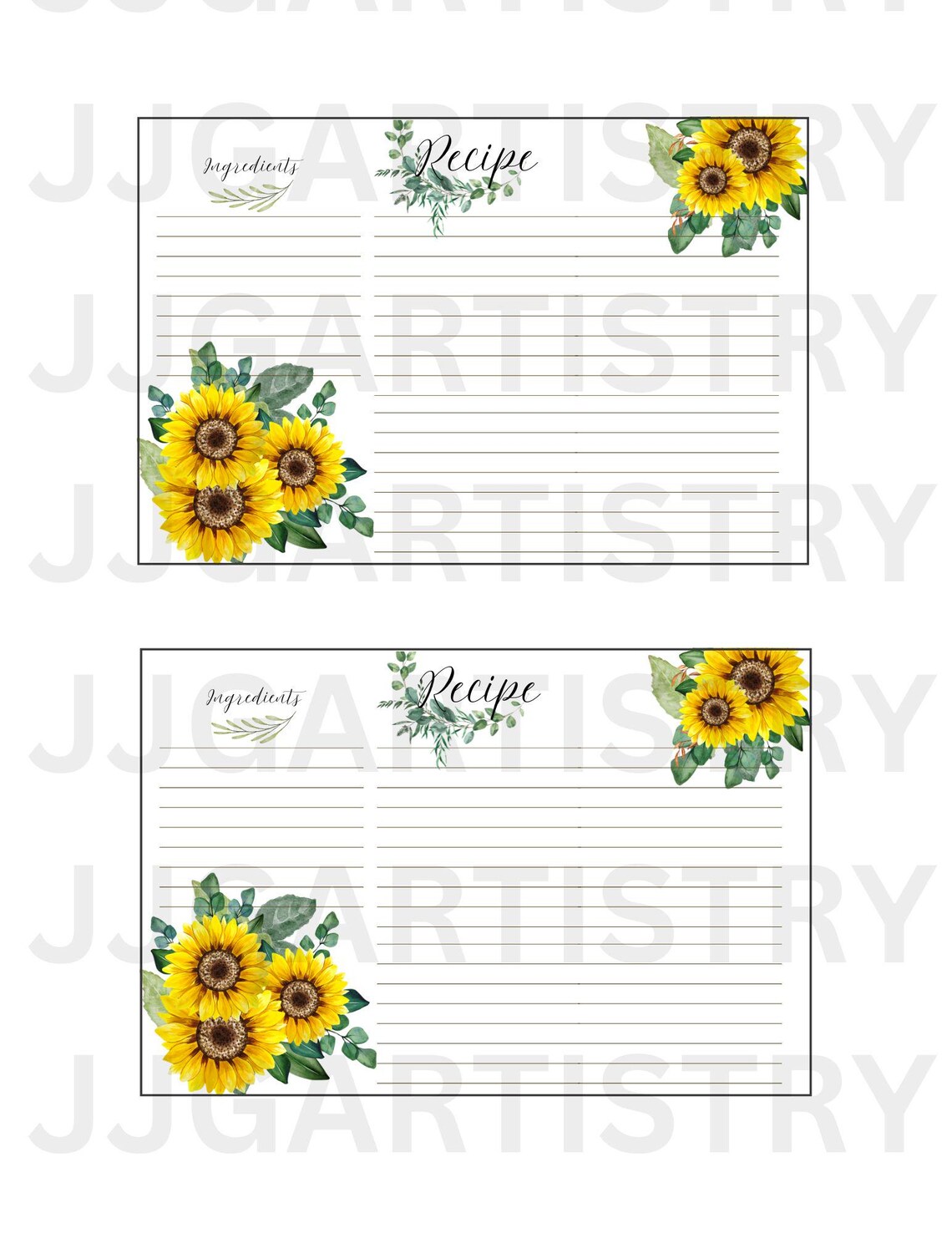 Printable Sunflower Recipe Cards: Rustic Bridal Shower Gift (PDF) - Etsy