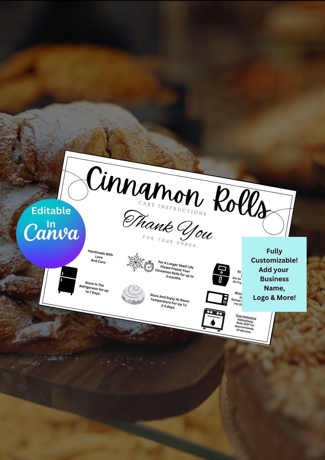 Editable Cinnamon Roll Care Card Template (canva) - Etsy