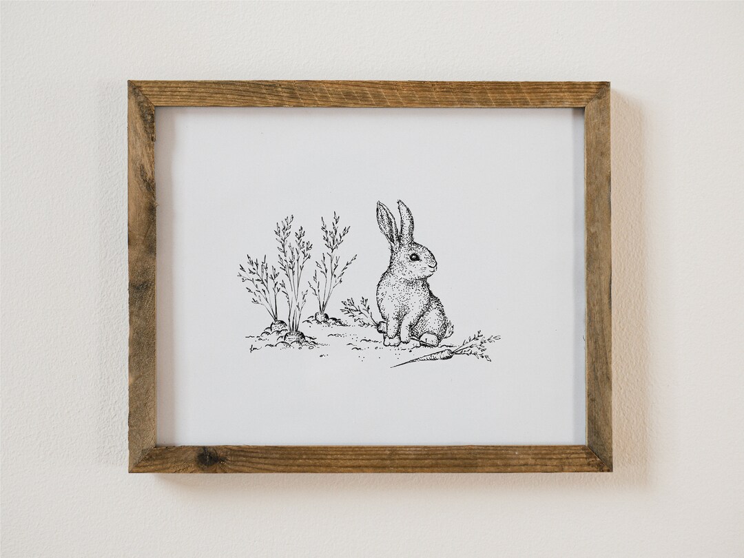 Hand-drawn Bunny in a Carrot Patch Art Print Wall Decor Rabbit Decor ...