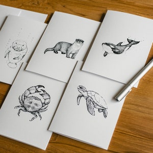 Marine Life Greeting Card Set: Black and White Ocean Animal Art - Etsy