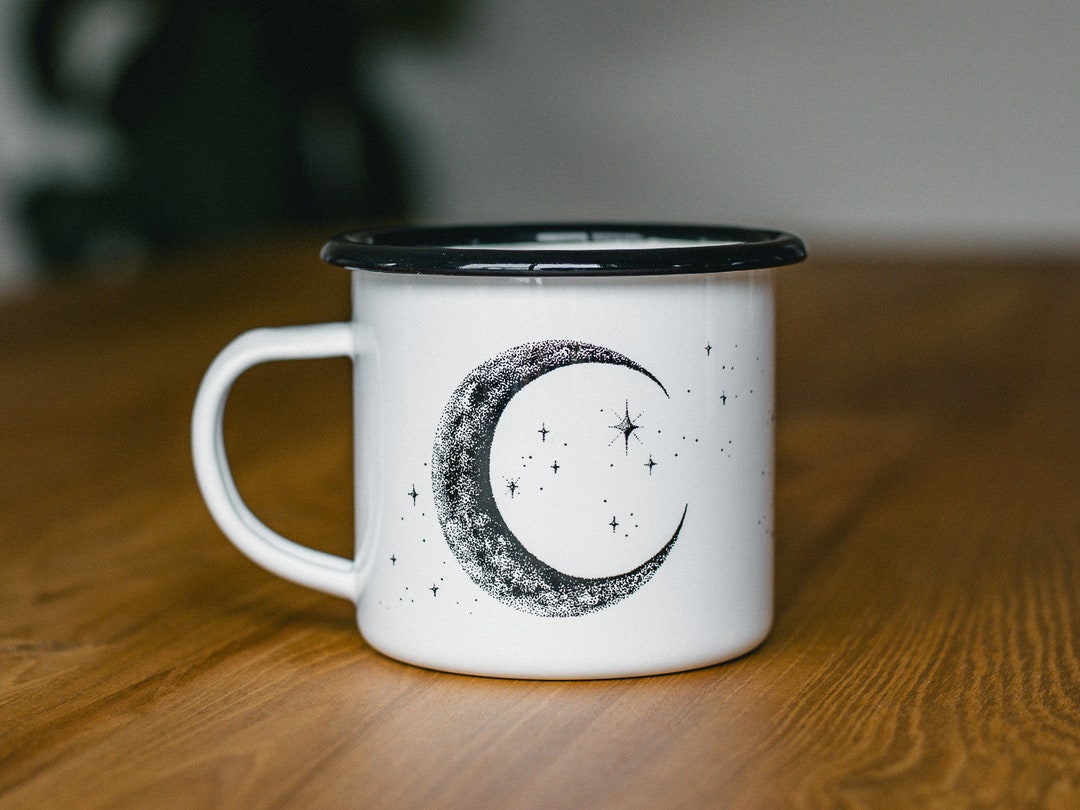 Moon & Stars 10 Oz Camping Mug With Black Rim | Hand Drawn Celestial Mug | Lunar Mug | Moon ...