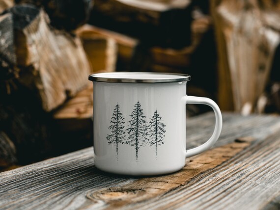 Hand-drawn North Woods Pine Tree Metal and Enamel Camping Mug | Etsy