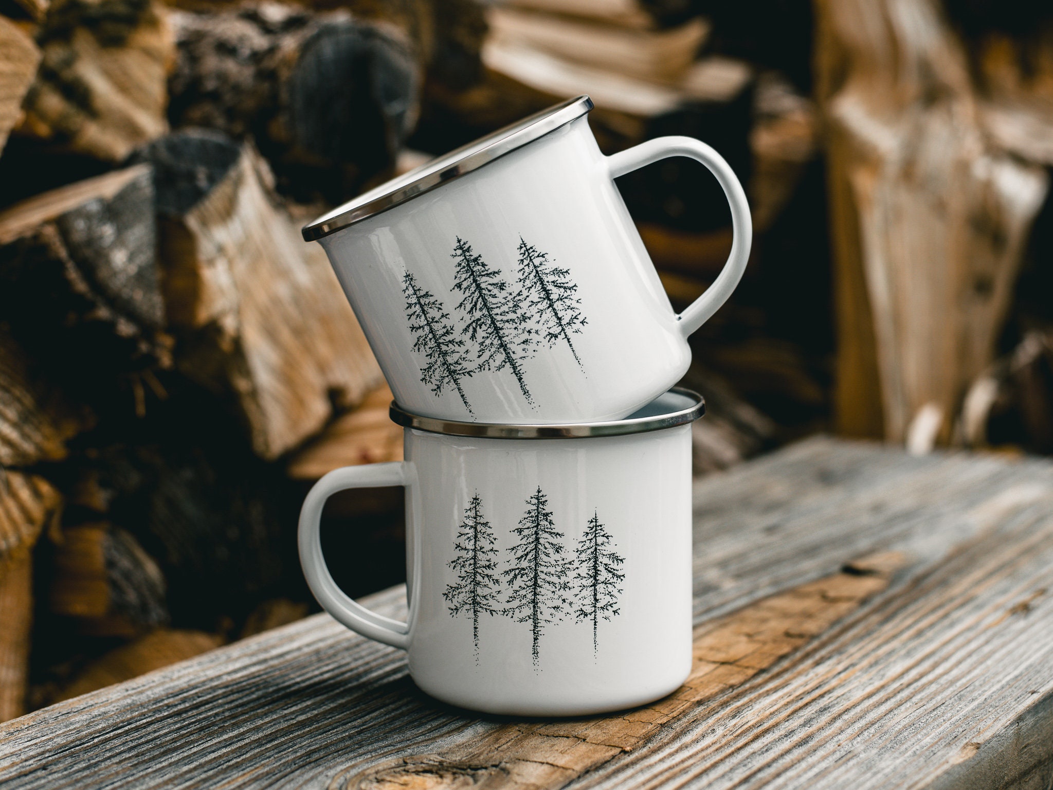 Hand-drawn North Woods Pine Tree Metal and Enamel Camping Mug | Etsy