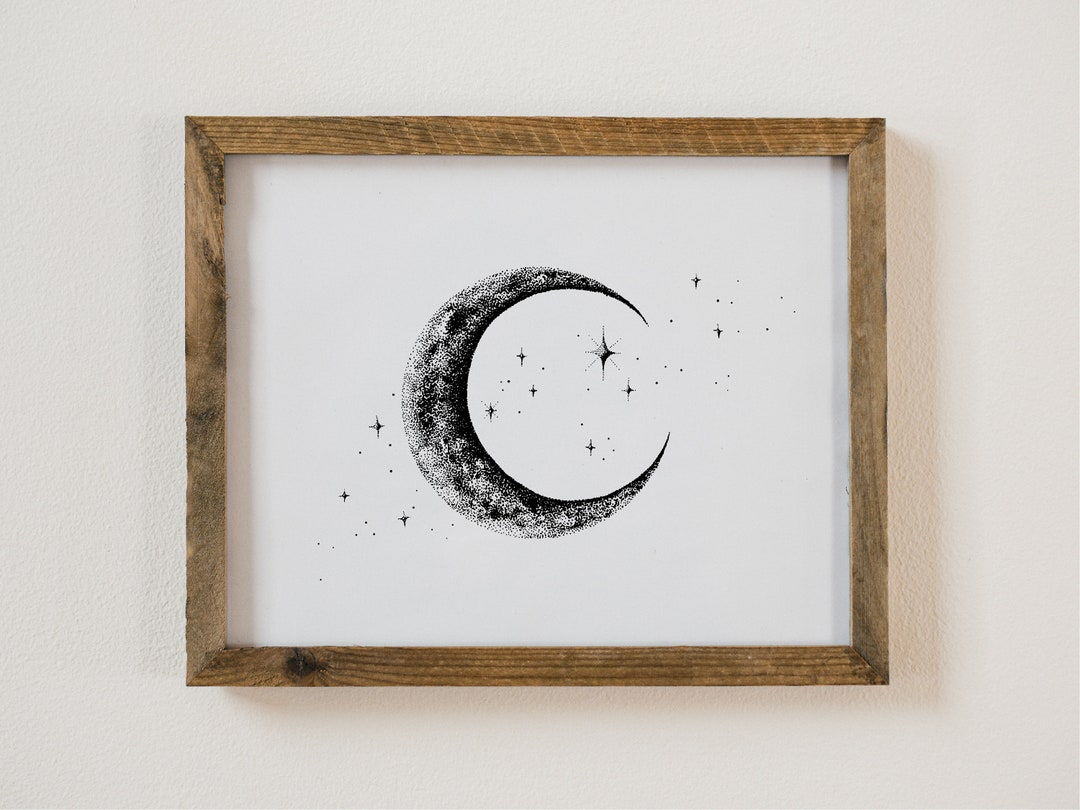 Hand Drawn Moon and Stars Print | Crescent Moon Drawing | Witchy Decor ...