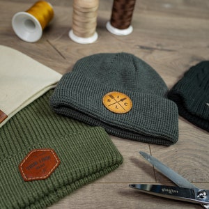 Waffle Knit Beanie Custom Leather Patch Hat; Classic Winter Hat ...