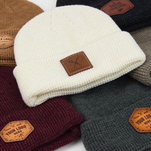 Waffle Knit Beanie Custom Leather Patch Hat Classic Winter | Etsy