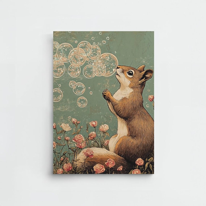 Squirrel Bubble Wishes: Poster | Whimsical Woodland Animal Print | Soft ...