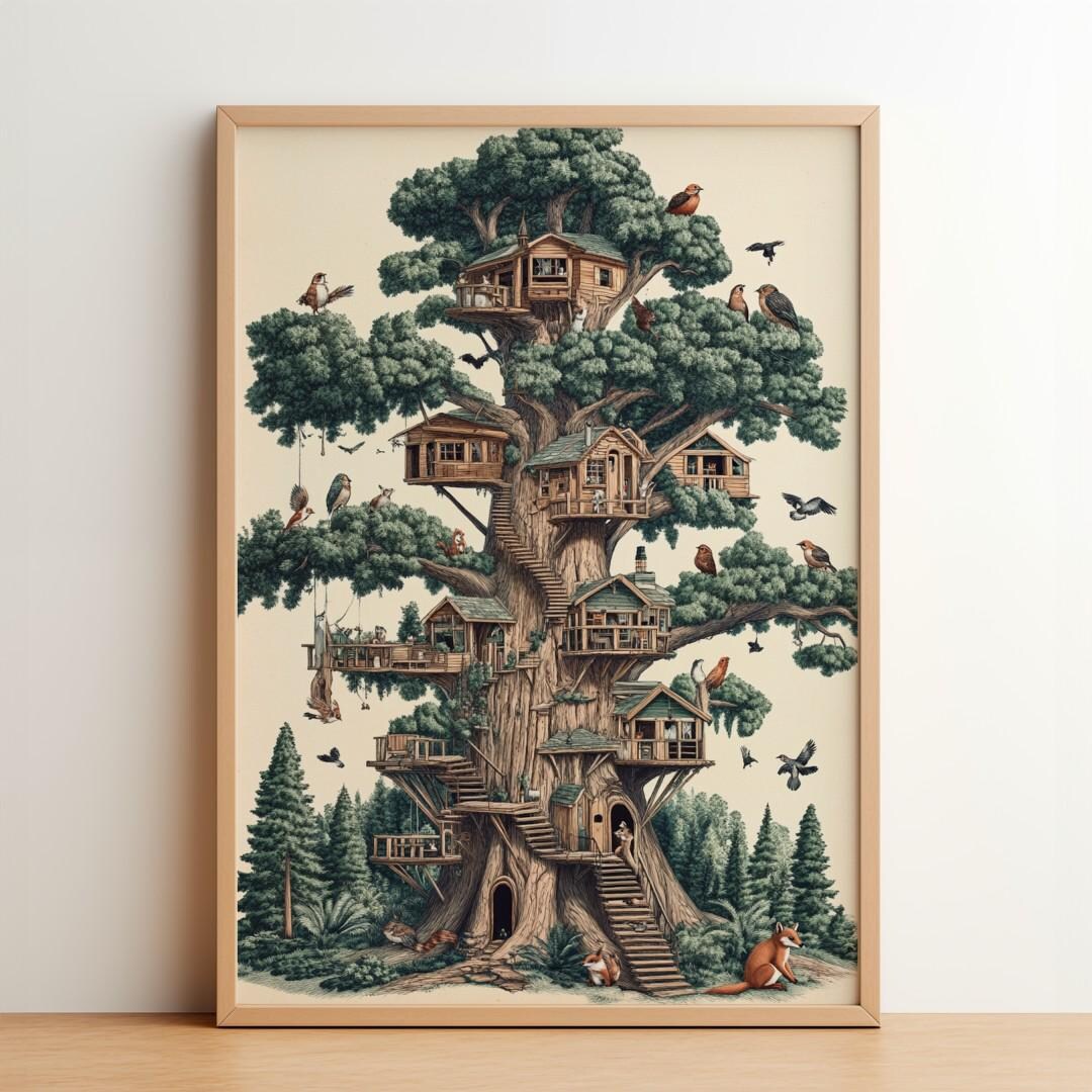 Treehouse Neighborhood: Print | Woodland Animals Vintage Poster ...
