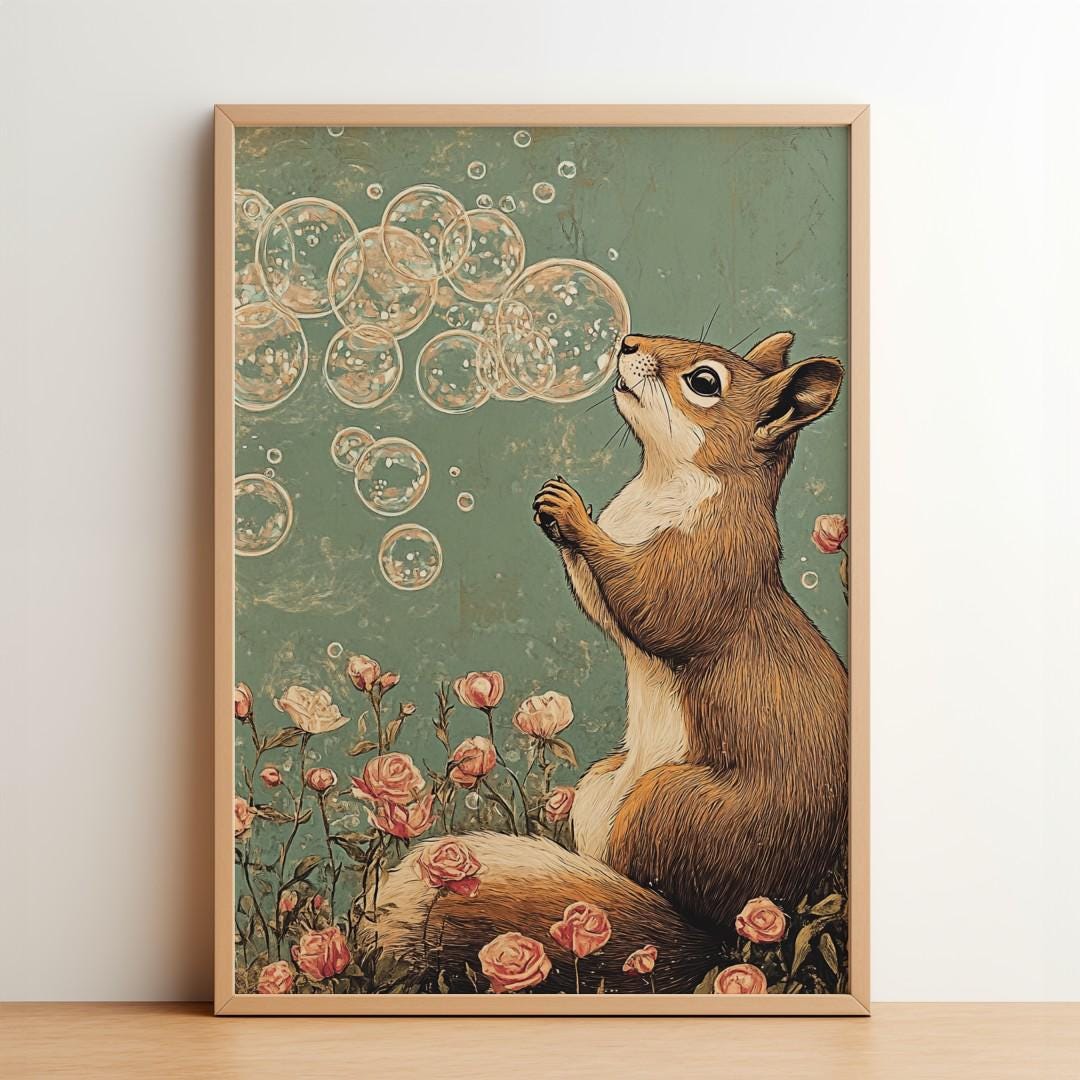 Squirrel Bubble Wishes: Poster | Whimsical Woodland Animal Print | Soft ...