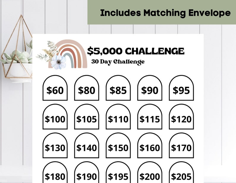 5K 30 Day Envelope Challenge Printable, 5K Challenge, Money Challenge, US Letter, 15,000 Saving ...