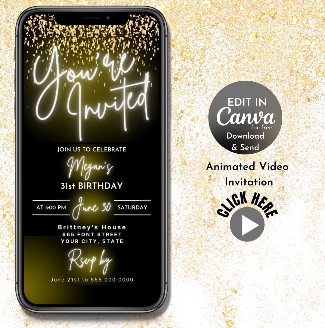 Video Digital Birthday Invitation Template You're Invited Neon Lights ...