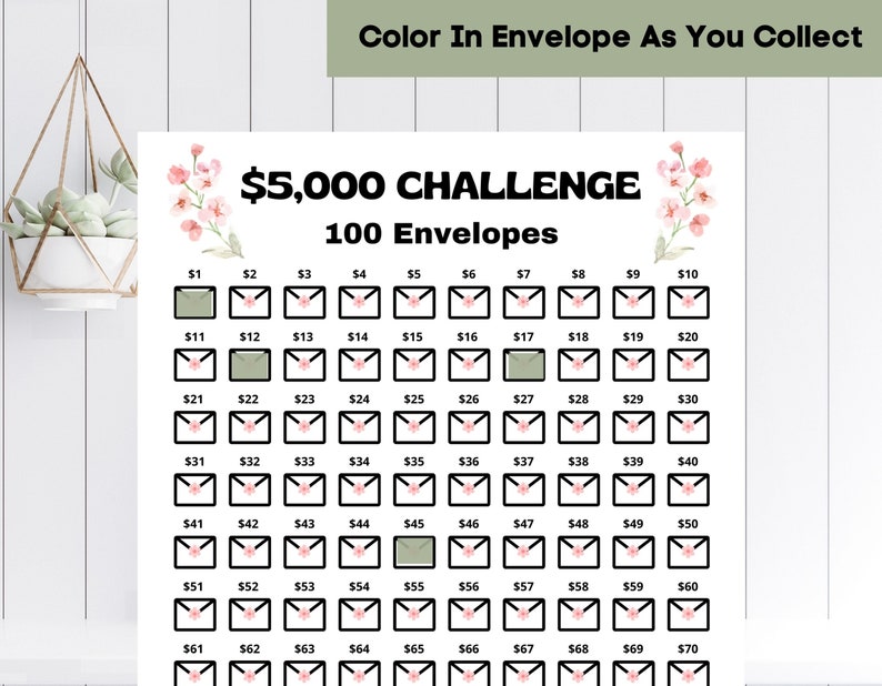 5K 100 Envelope Challenge Printable, 5K Challenge, Savings Goal, US ...