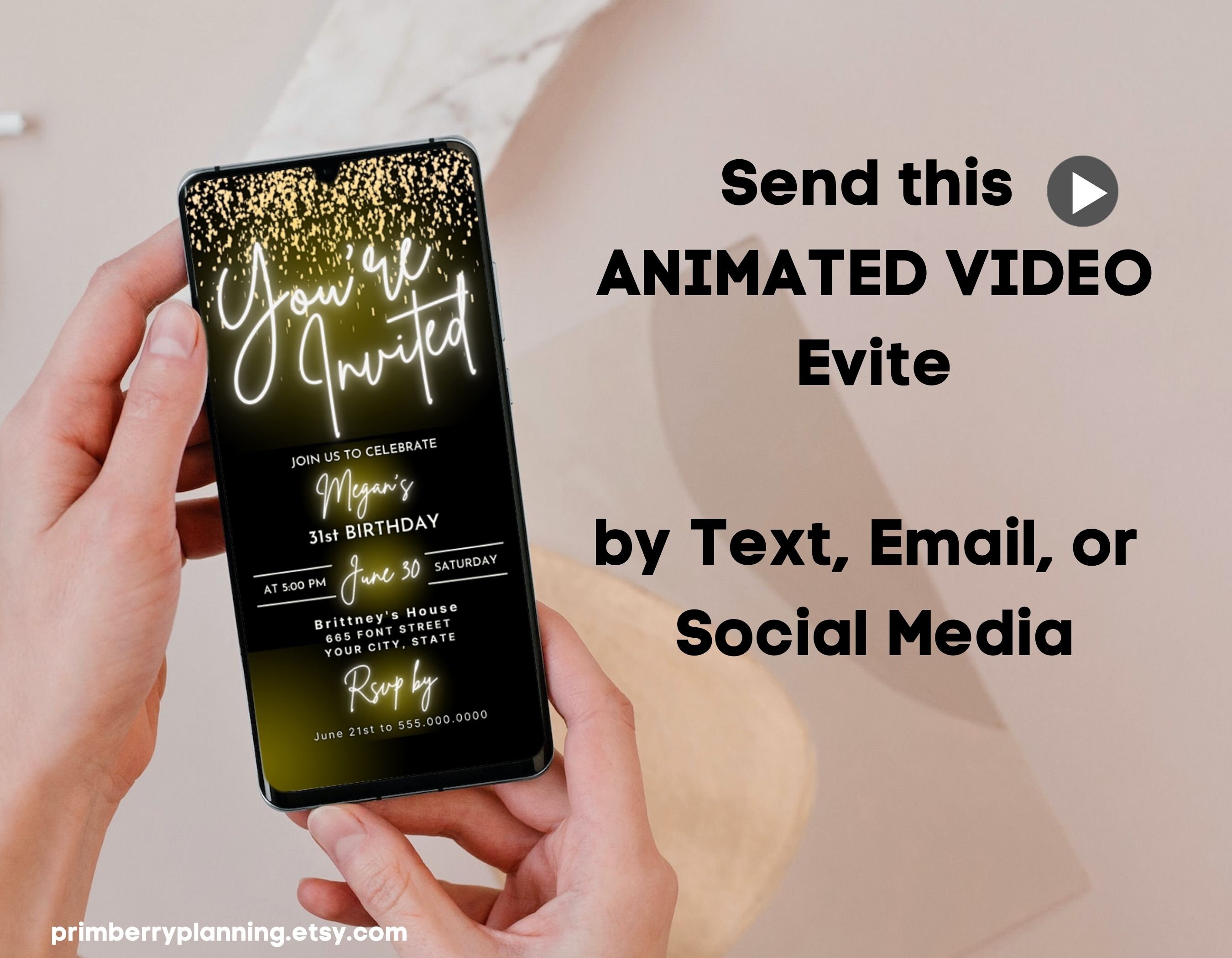 Video Digital Birthday Invitation Template You're Invited Neon Lights ...