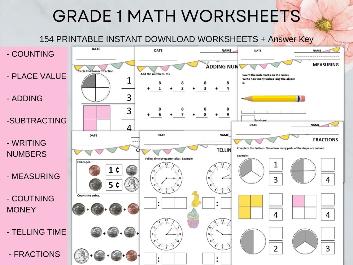 1st Grade Math Worksheets Printable 154 Pages Counting - Etsy