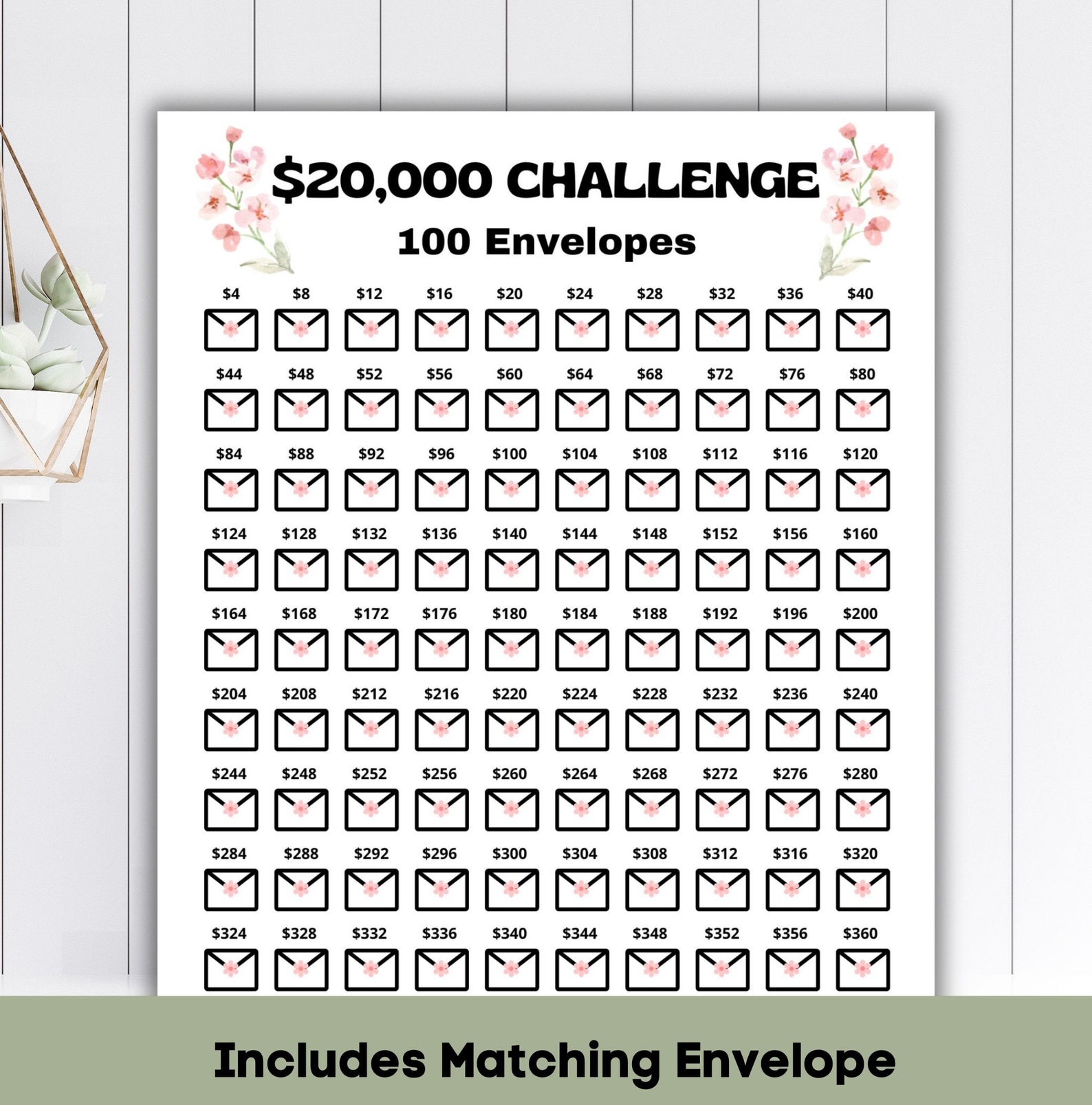 20K 100 Envelope Challenge Printable, 20K Challenge, Savings Goal ...