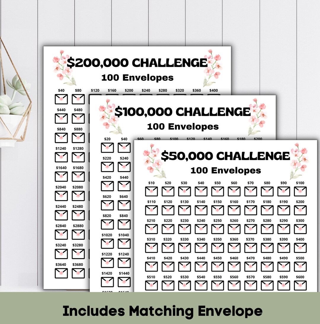 50k 100k 200K 100 Envelope Challenge, Cash Envelope Savings Challenge ...