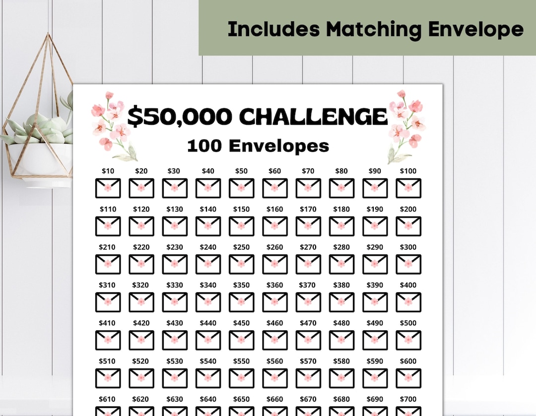 50K 100 Envelope Challenge, Cash Envelope Savings Challenge, Savings Goal, 100 Day Challenge, No ...