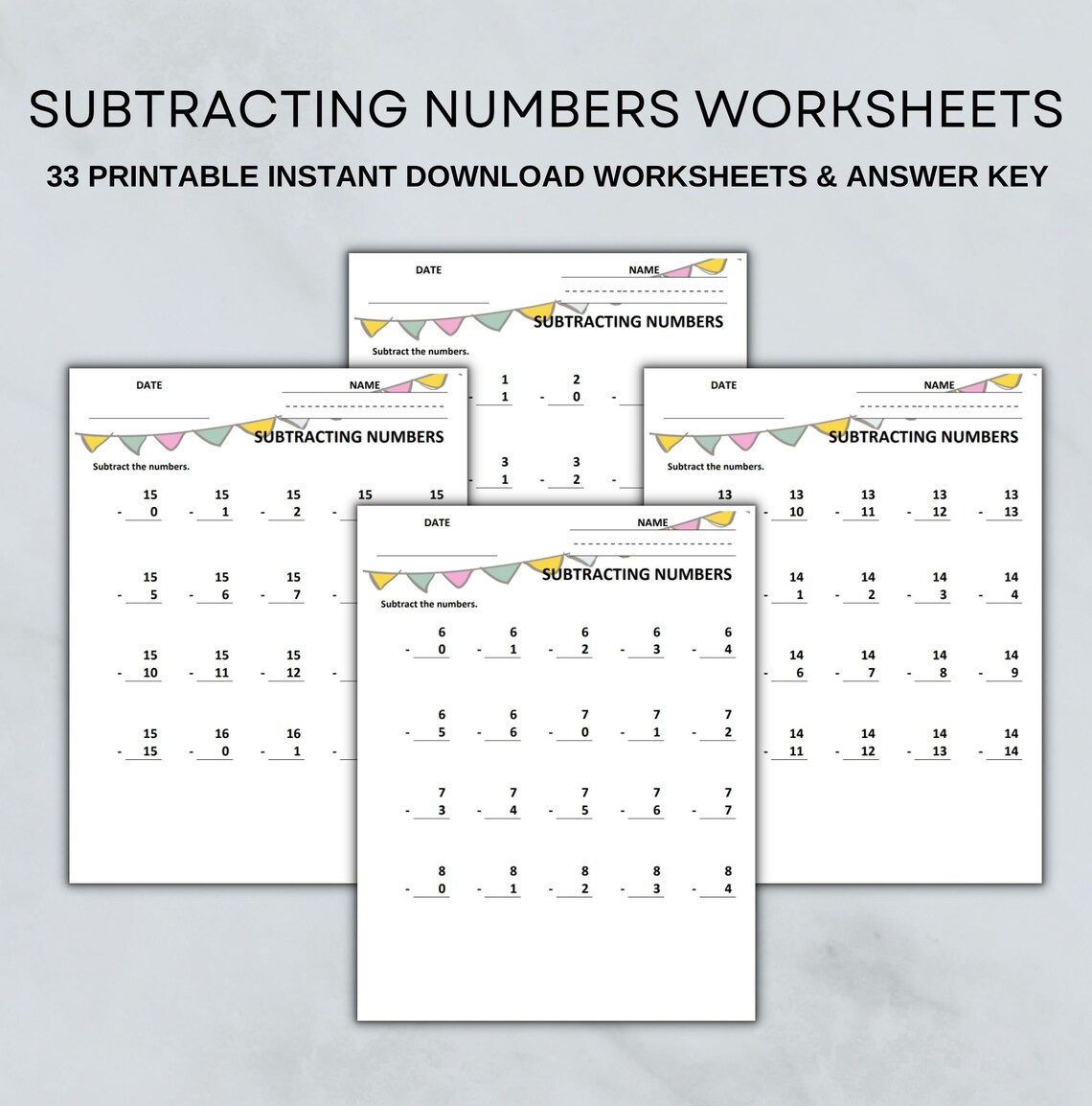 33 Printable Subtraction Worksheets and Answer Key Pre-school to 1st ...