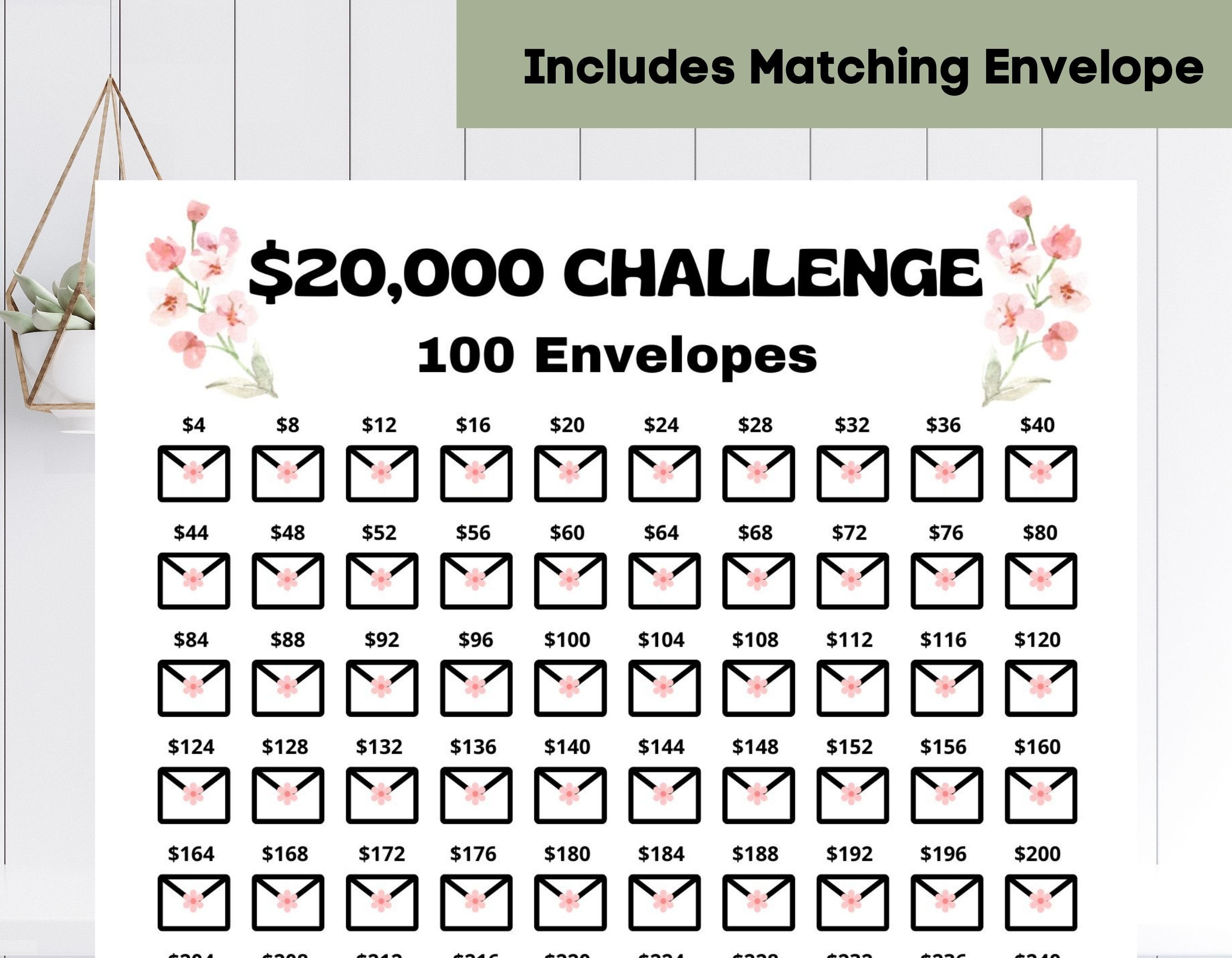 20K 100 Envelope Challenge Printable, 20K Challenge, Savings Goal ...