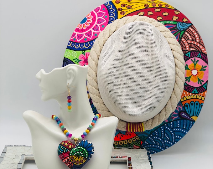 Hand Painted Mexican Artisan Set, Hand Painted HAT, Matching NECKLACE ...