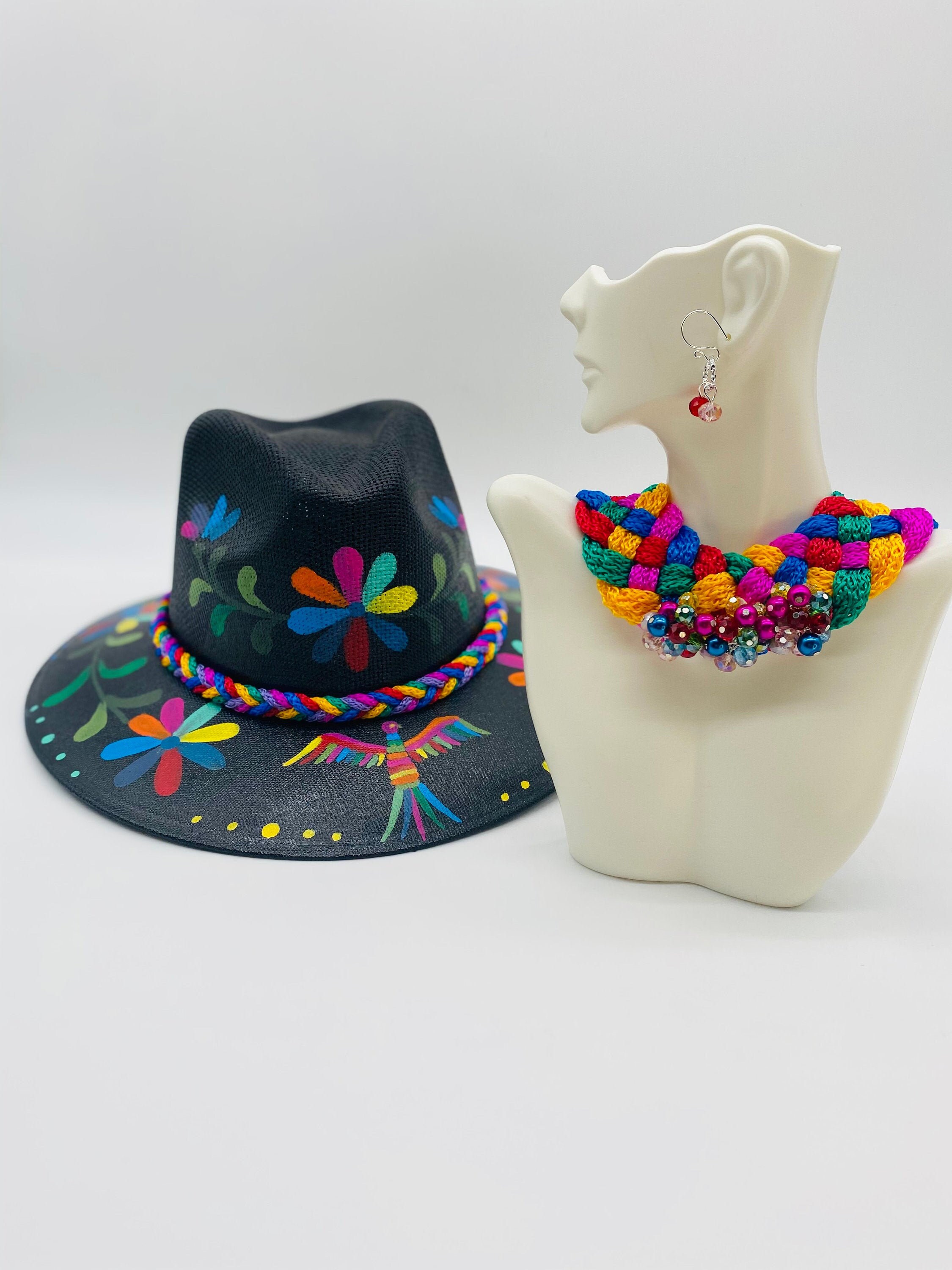 Hand Painted Mexican Artisan Set, Hand Painted HAT, Matching NECKLACE ...