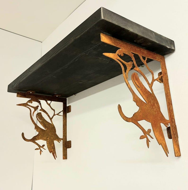 Wooden Shelf With Rustic Woodpecker Metal Brackets – Unique Nature ...