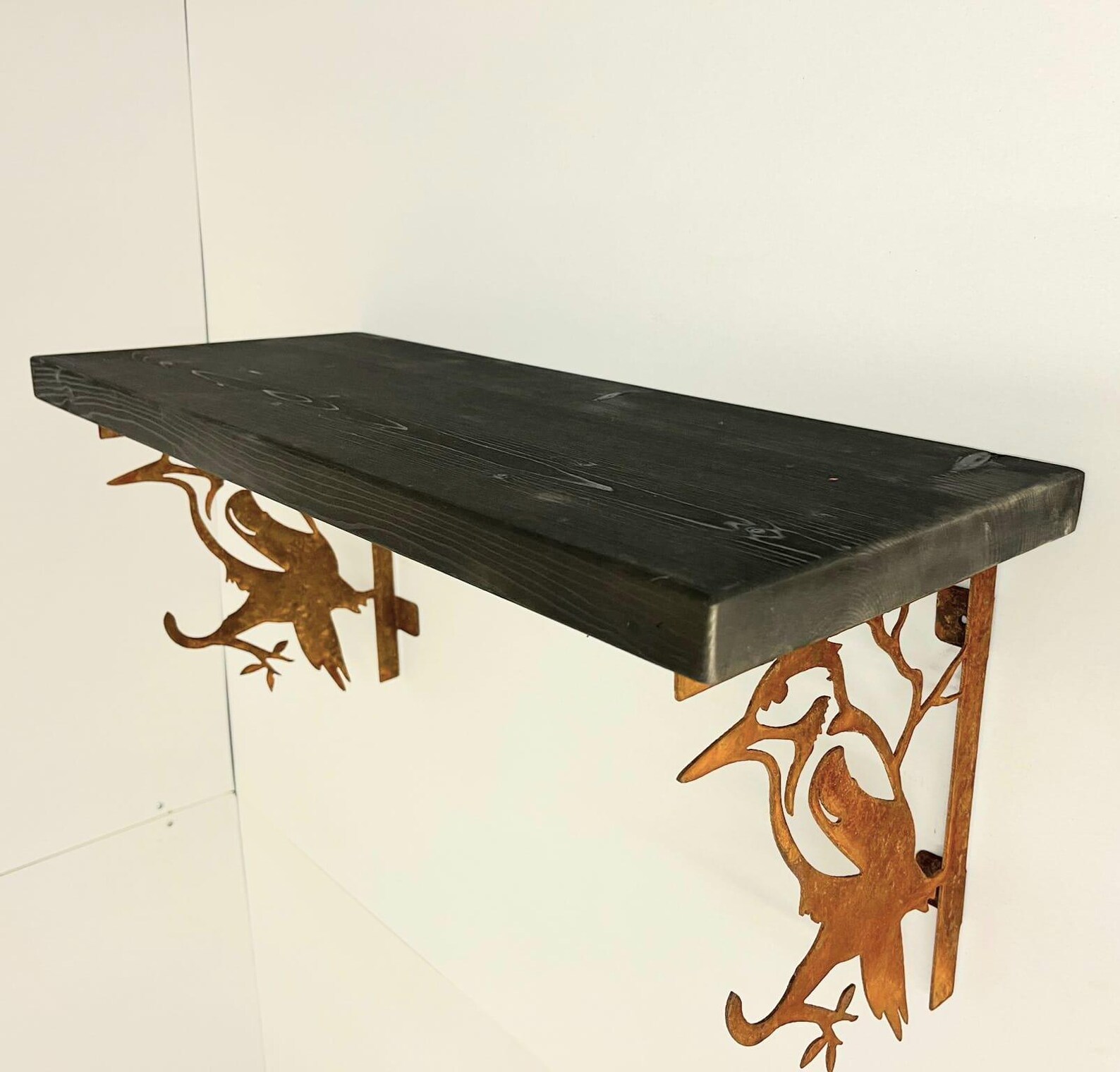 Wooden Shelf With Rustic Woodpecker Metal Brackets – Unique Nature ...