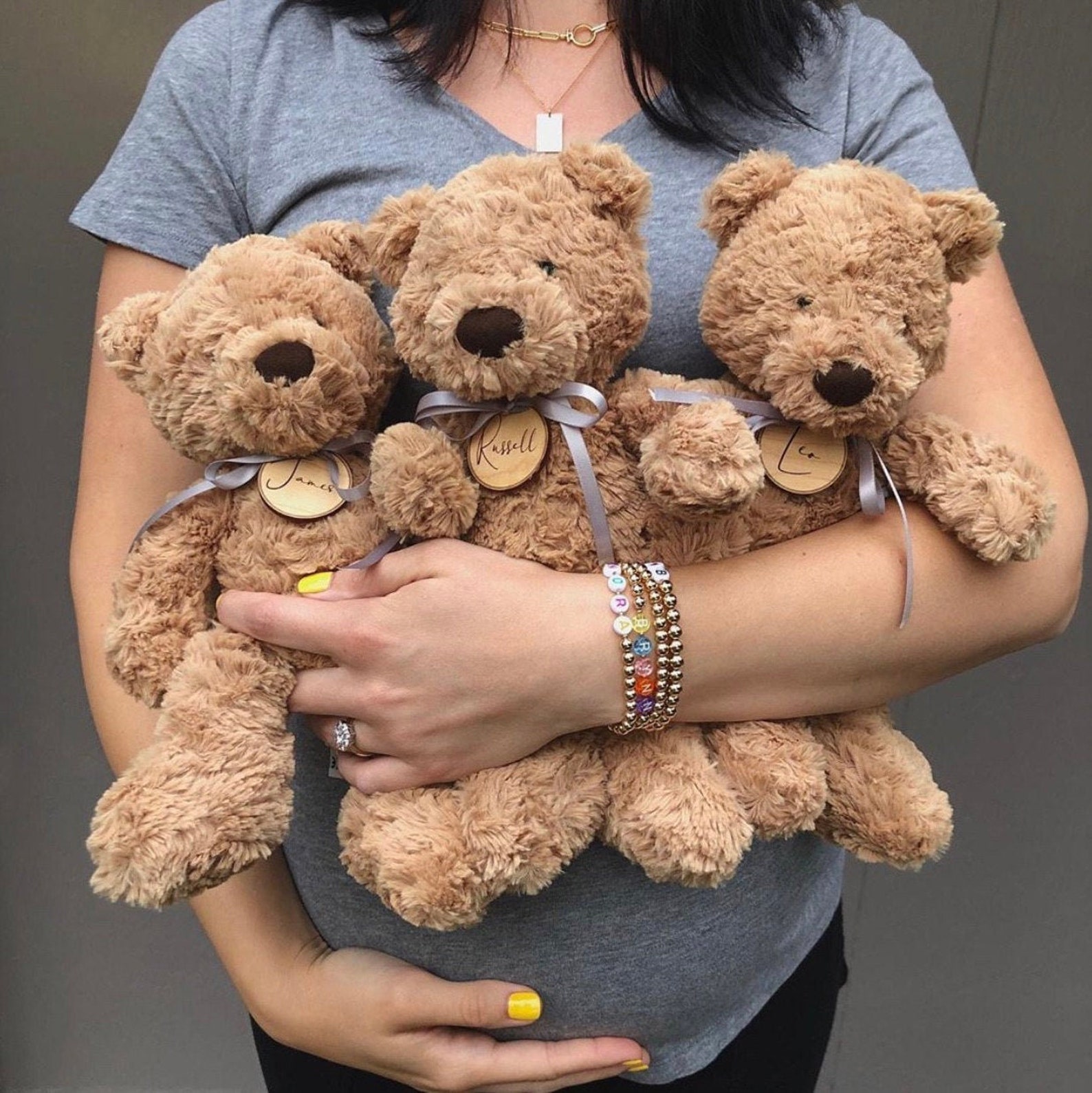 Teddy Bear Name Tag with hole 2 Wooden Gift Tag Baby | Etsy