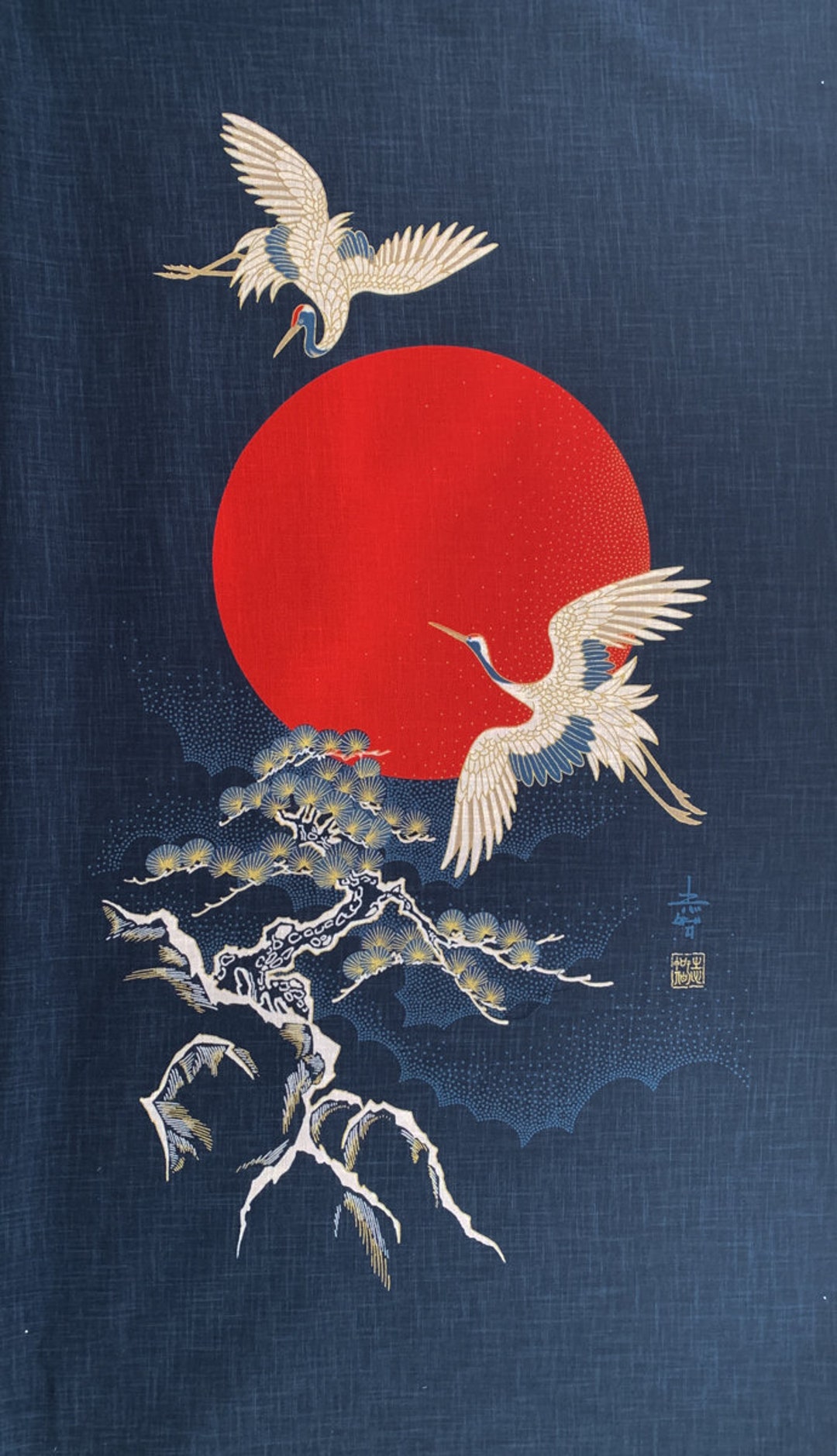 Noren Panel With Two Cranes, Moon and Branch, Crane Noren Panel - Etsy
