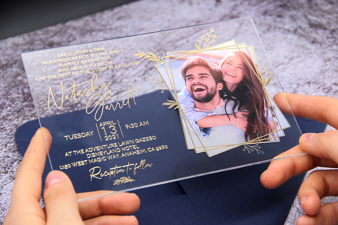 Clear Acrylic Wedding Invitations With Photo and GOLD Text, Transparent ...