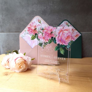 Acrylic Wedding Invitations Pink Roses Peony Vintage - Etsy