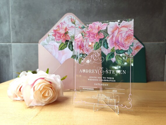 Acrylic Wedding Invitations Pink Roses Peony Vintage - Etsy