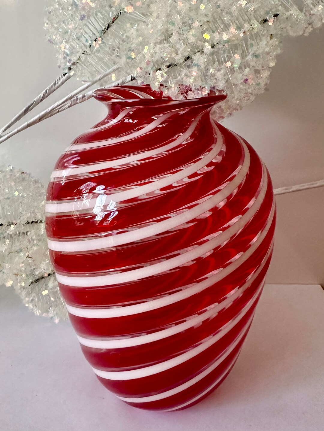 Vintage Venetian Red White Ribbon Glass Vase Striking - Etsy