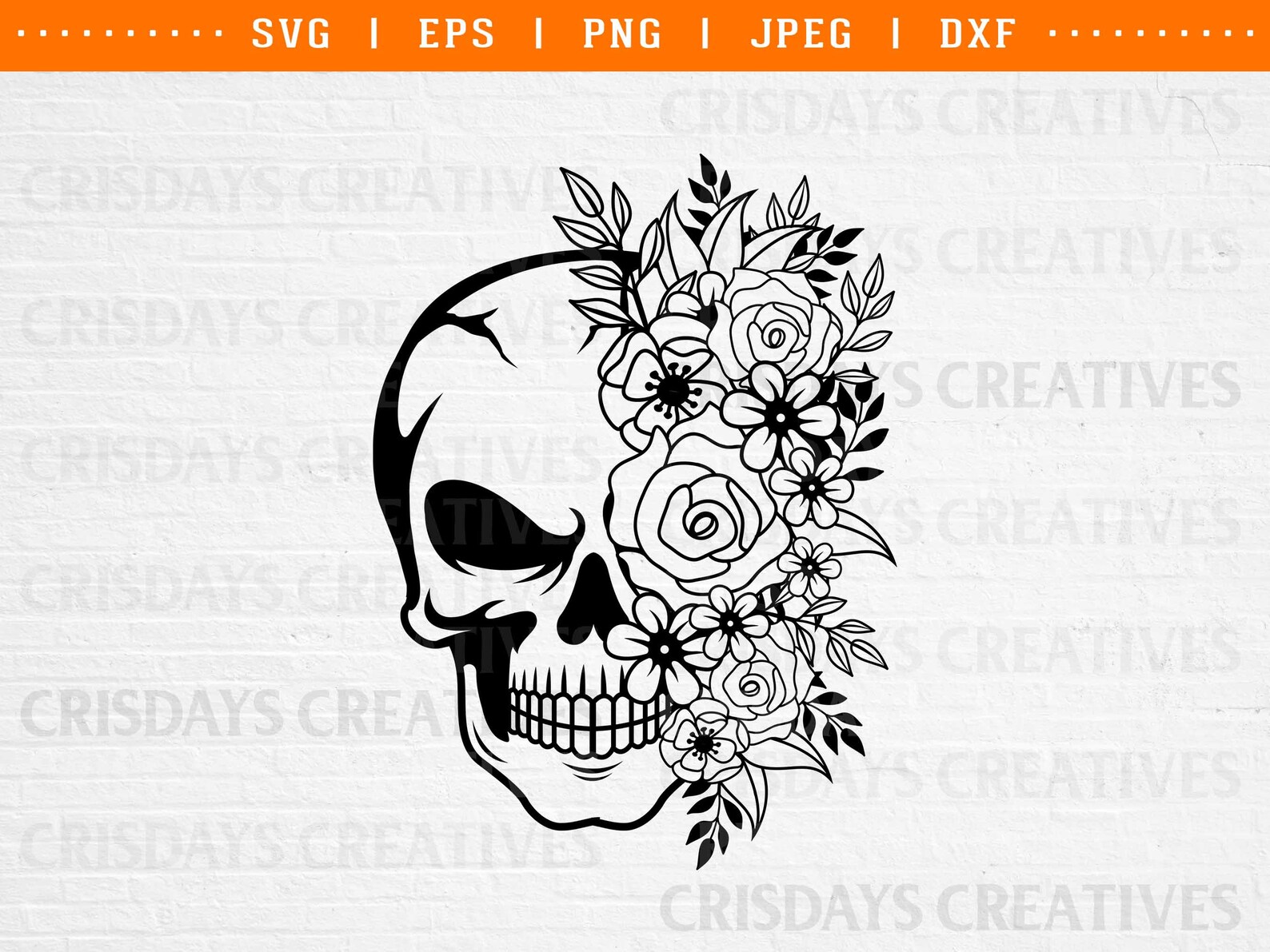 Floral Skull Svg| Skull Face Svg| Cute Skull Svg| Skull With Flowers ...