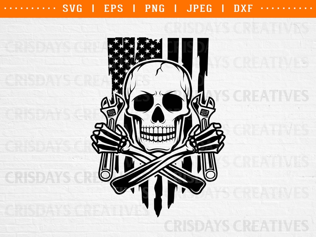 US Skull Mechanic Svg, Skull Holding Wrench SVG, Mechanic Wrench Svg ...